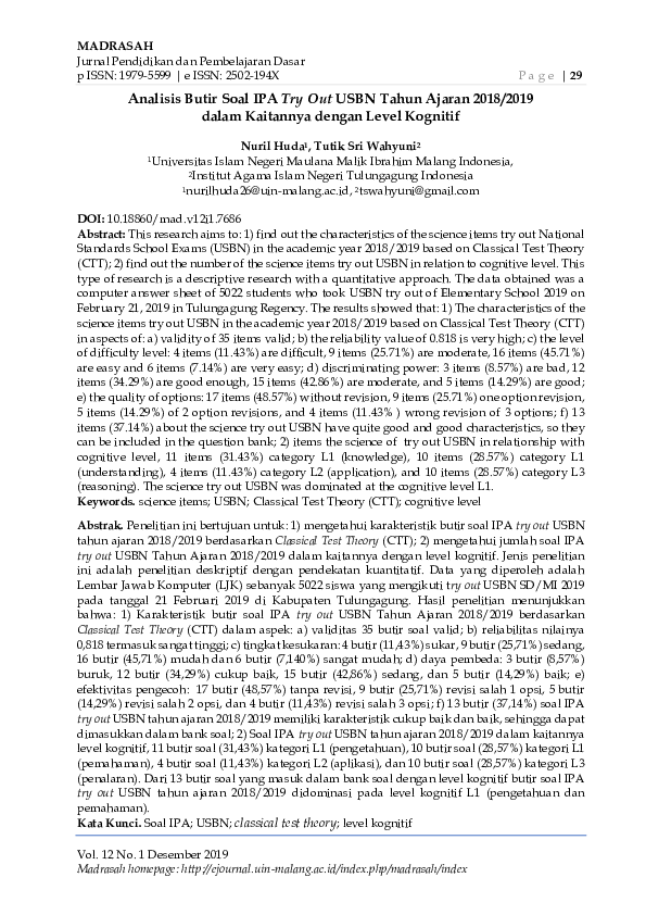 (PDF) Analisis Butir Soal IPA Try Out USBN Tahun Ajaran 2018/2019 dalam Kaitannya dengan Level ...