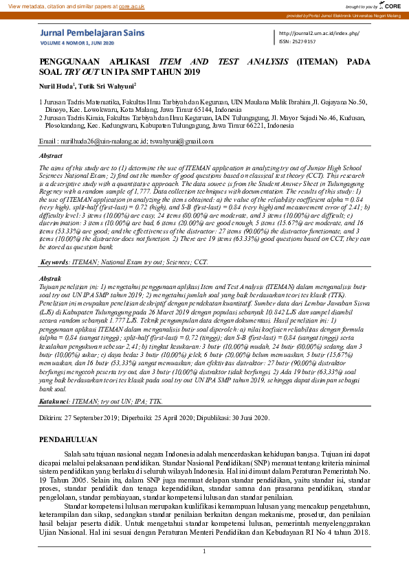 (PDF) Penggunaan Aplikasi Item and Test Analysis (Iteman) Pada Soal Try ...
