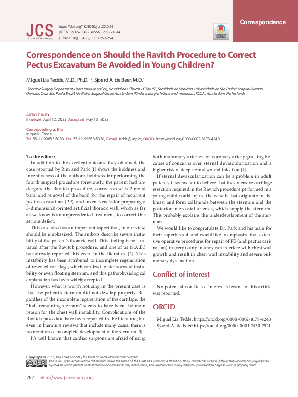 (PDF) Correspondence on Should the Ravitch Procedure to Correct Pectus ...