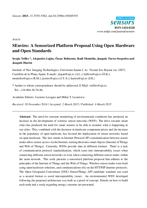 (PDF) Article SEnviro: A Sensorized Platform Proposal Using Open Hardware and Open Standards