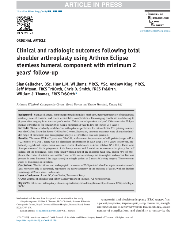 (PDF) Clinical and radiologic outcomes following total shoulder ...