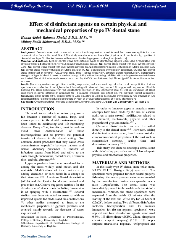 (PDF) Effect of Disinfectant Agents on Certain Physical and Mechanical ...