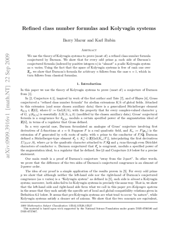 (PDF) Refined class number formulas and Kolyvagin systems
