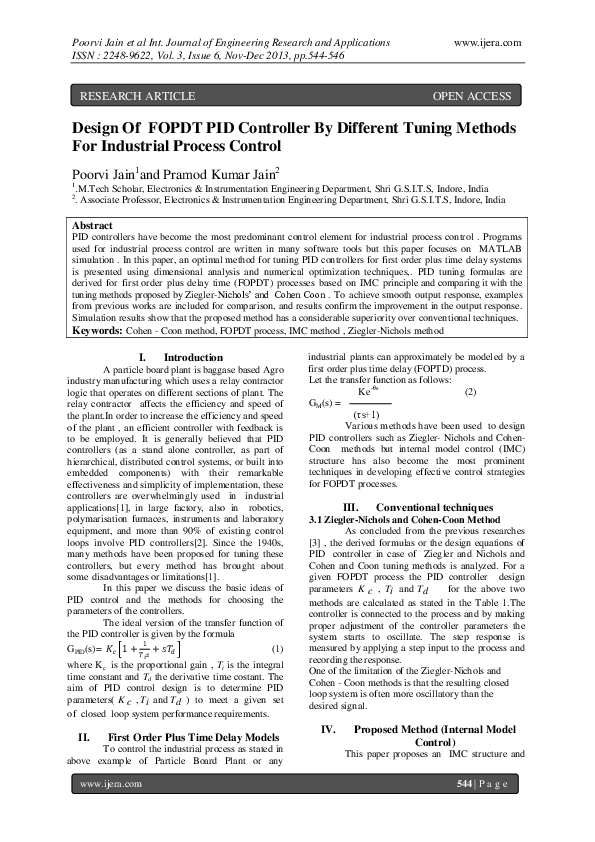 Pdf Design Of Fopdt Pid Controller By Different Tuning Methods For Industrial Process Control