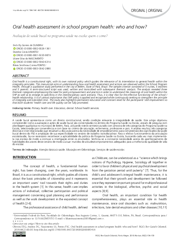 (PDF) Oral health assessment in school program health: who and how?