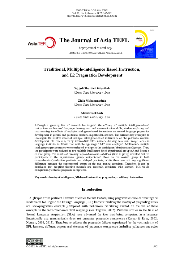 (PDF) Asia TEFL V19 N2 Summer 2022 Traditional Multiple intelligence ...