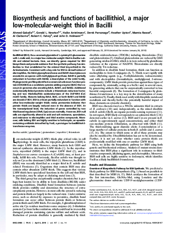 (PDF) Biosynthesis and functions of bacillithiol, a major low-molecular ...