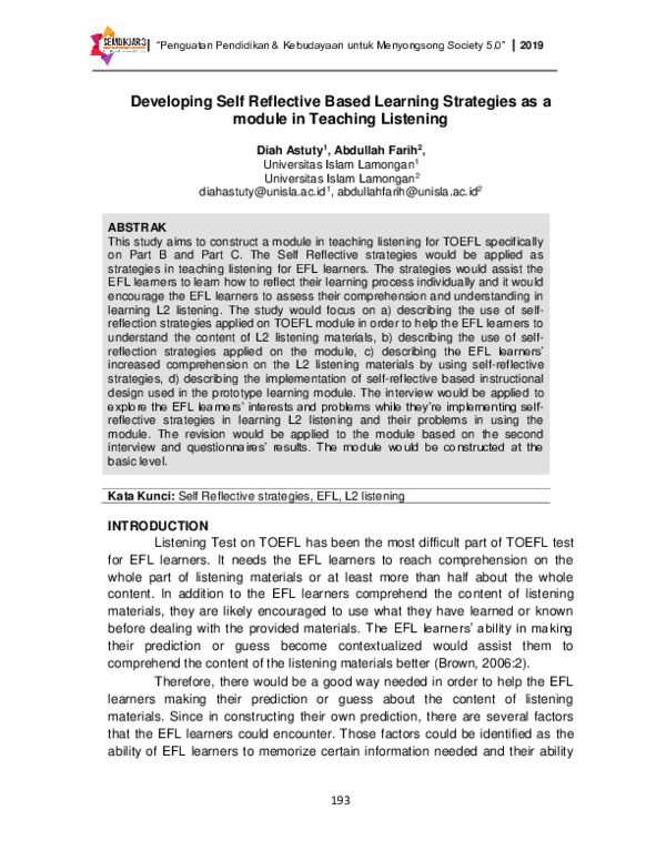 (PDF) Developing Self Reflective Based Learning Strategies as a module ...