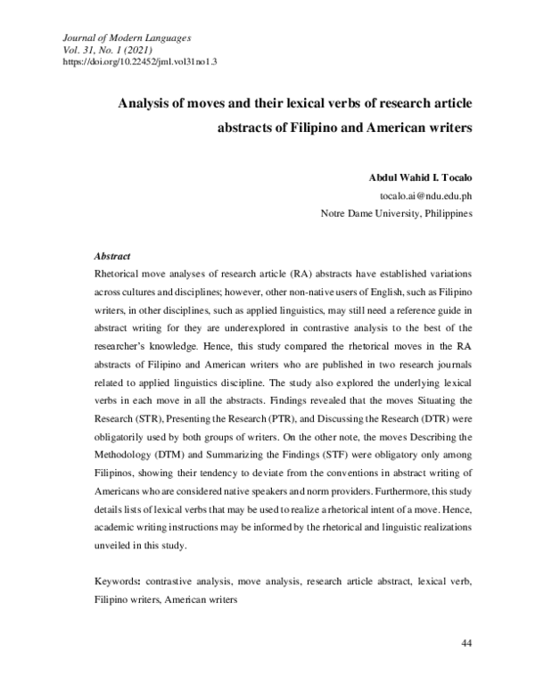(PDF) Move analysis and their lexical verbs of research article ...