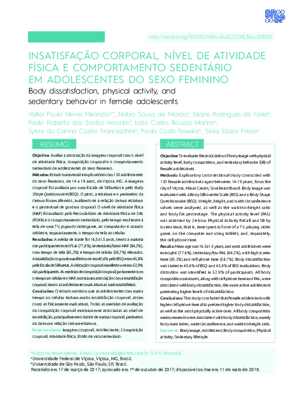 (PDF) Body Dissatisfaction, Physical Activity, and Sedentary Behavior in Female Adolescents