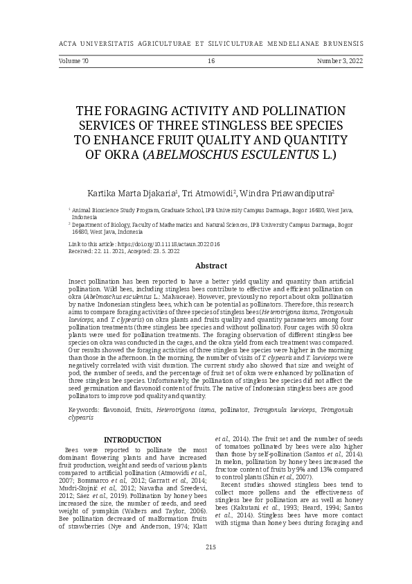 (PDF) The Foraging Activity and Pollination Services of Three Stingless Bee Species to Enhance ...