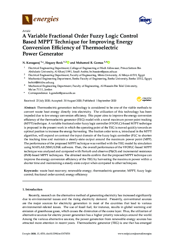 Pdf A Variable Fractional Order Fuzzy Logic Control Based Mppt