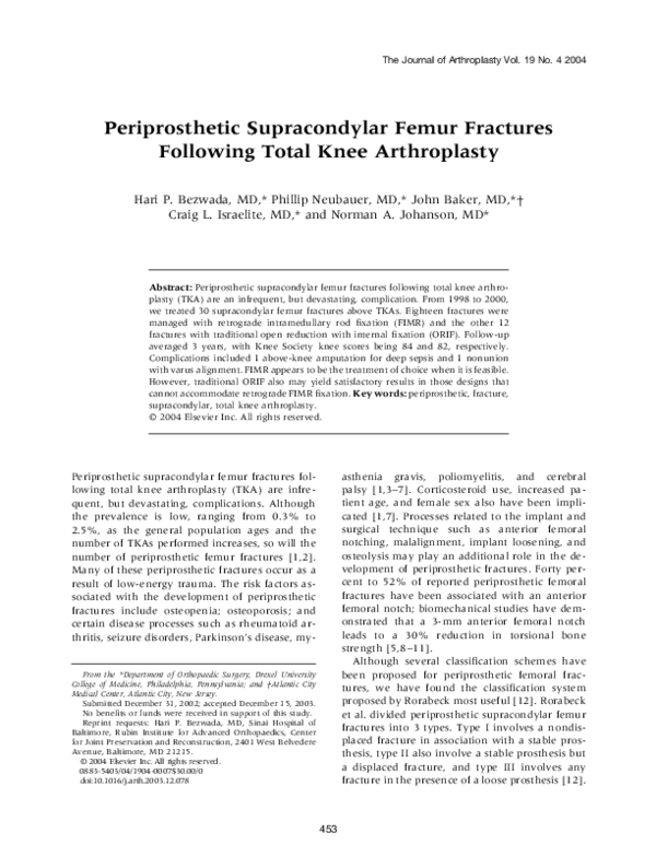 (PDF) Periprosthetic supracondylar femur fractures following total knee arthroplasty | John ...