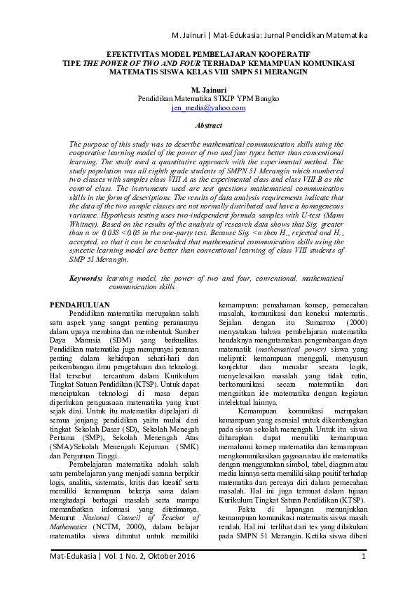 (PDF) Efektivitas Model Pembelajaran Kooperatif Tipe the Power of Two and Four Terhadap ...