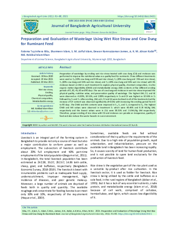 (PDF) Preparation and Evaluation of Wastelage Using Wet Rice Straw and ...