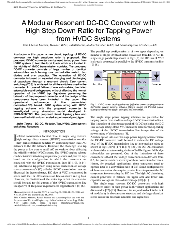 (PDF) A Modular Resonant DC–DC Converter With High Step-Down Ratio for Tapping Power From HVDC ...
