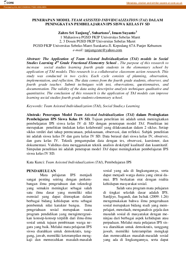 (PDF) Penerapan Model Team Asissted Indvidualization (Tai) Dalam Peningkatan Pembelajaran Ips ...