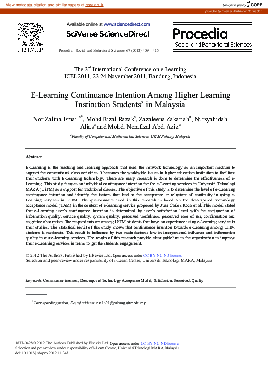 (PDF) E-Learning Continuance Intention Among Higher Learning Institution Students’ in Malaysia