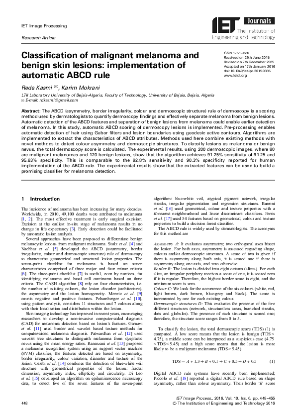 (PDF) Classification of Malignant Melanoma and Benign Nevi from Skin Lesions Based on Support ...