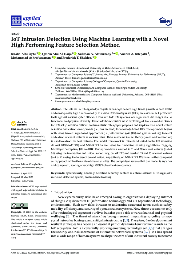 Pdf Iot Intrusion Detection Using Machine Learning With A Novel High Performing Feature