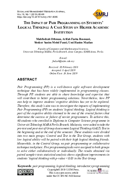 (PDF) The Impact of Pair Programming on Students Logical Thinking_A Case Study on Higher ...