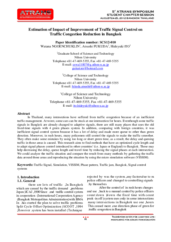 Pdf Estimation Of Impact Of Improvement Of Traffic Signal Control On Traffic Congestion