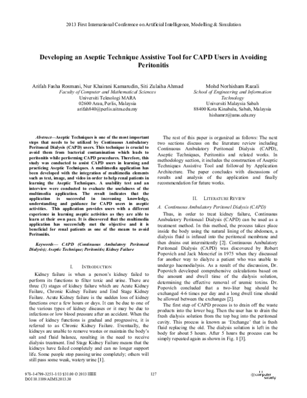 (PDF) Developing an Aseptic Technique Assistive Tool for CAPD Users in Avoiding Peritonitis