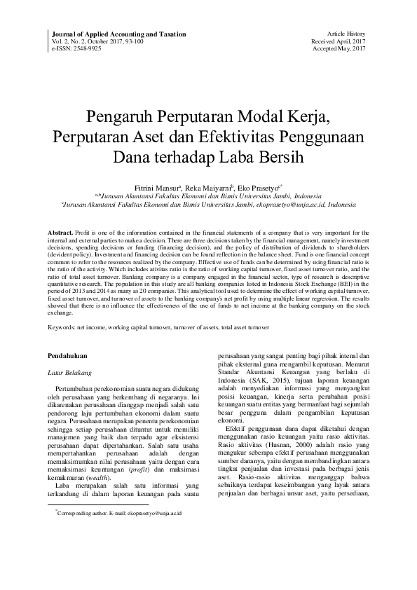 (PDF) Pengaruh Perputaran Modal Kerja, Perputaran Aset dan Efektivitas Penggunaan Dana terhadap ...