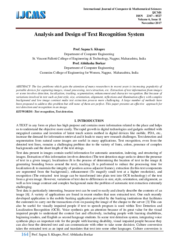 (PDF) Analysis and Design of Text Recognition System