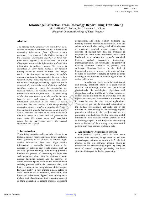 Pdf Knowledge Extraction From Radiology Report Using Text Mining
