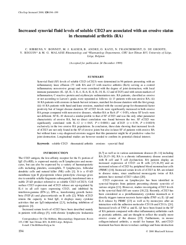 (PDF) Increased synovial fluid levels of soluble CD23 are associated ...