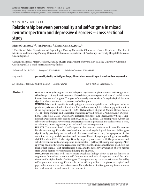 (PDF) Relationship Between Personality and Self-stigma in Mixed Neurotic Spectrum and Depressive ...