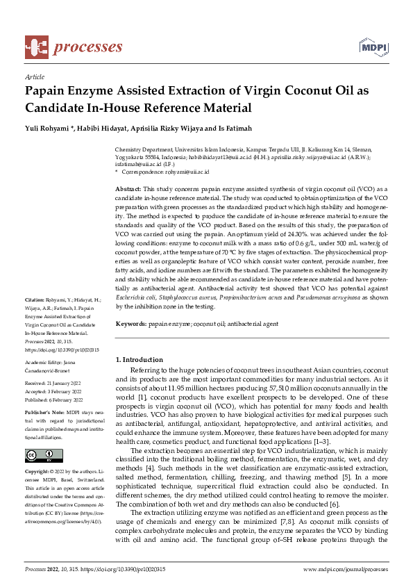 (PDF) Papain Enzyme Assisted Extraction of Virgin Coconut Oil as ...