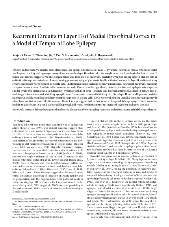 Pdf Recurrent Circuits In Layer Ii Of Medial Entorhinal Cortex In A Model Of Temporal Lobe