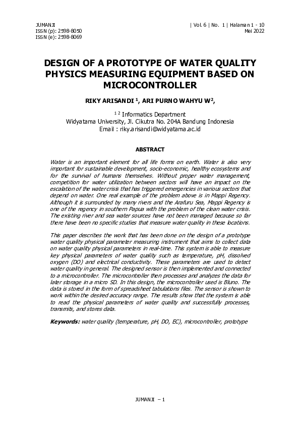 (PDF) Design of a Prototype of Water Quality Physics Measuring Equipment Based on Microcontroller
