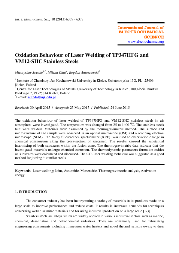 (PDF) Oxidation Behaviour of Laser Welding of TP347HFG and VM12-SHC ...