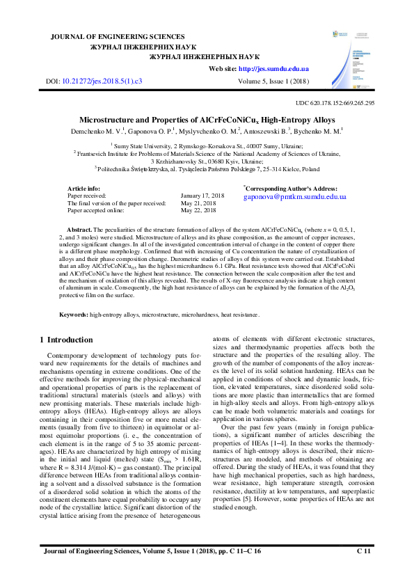 (PDF) Microstructure and Properties of AlCrFeCoNiCux High-Entropy Alloys