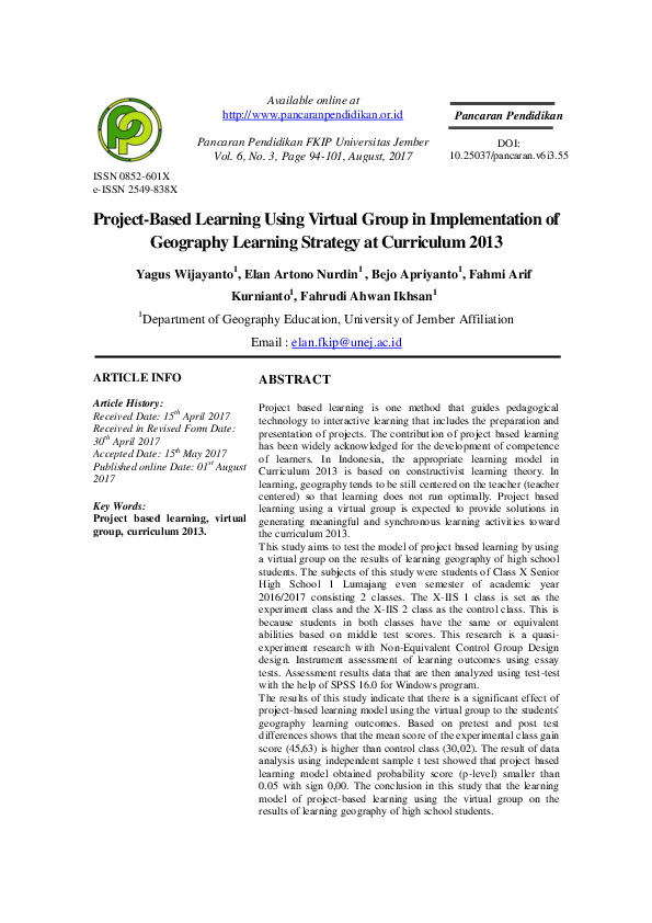 (PDF) Project-Based Learning Using Virtual Group in Implementation of Geography Learning ...