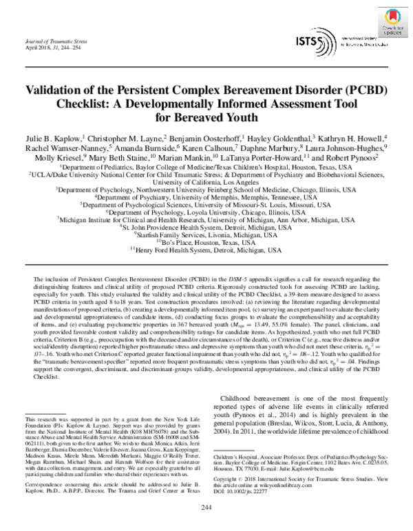 (PDF) Validation of the Persistent Complex Bereavement Disorder (PCBD ...