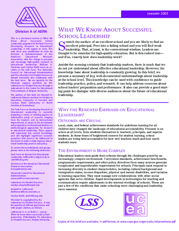 (PDF) What we know about successful school leadership
