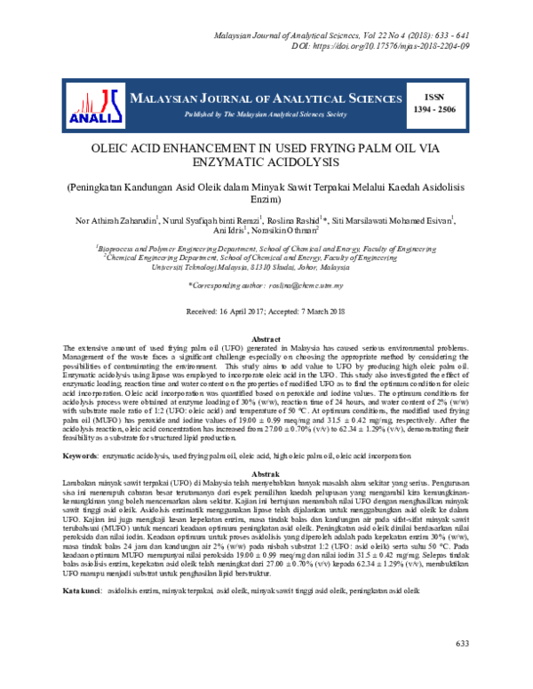 (PDF) Oleic Acid Enhancement in Used Frying Palm Oil via Enzymatic Acidolysis | Athirah ...