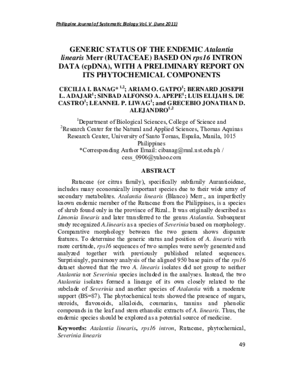 GENERIC STATUS OF THE ENDEMIC Atalantia linearis Merr (RUTACEAE) BASED ...