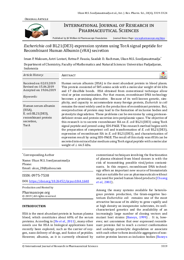 (PDF) Escherichia coli BL21(DE3) expression system using TorA signal peptide for Recombinant ...