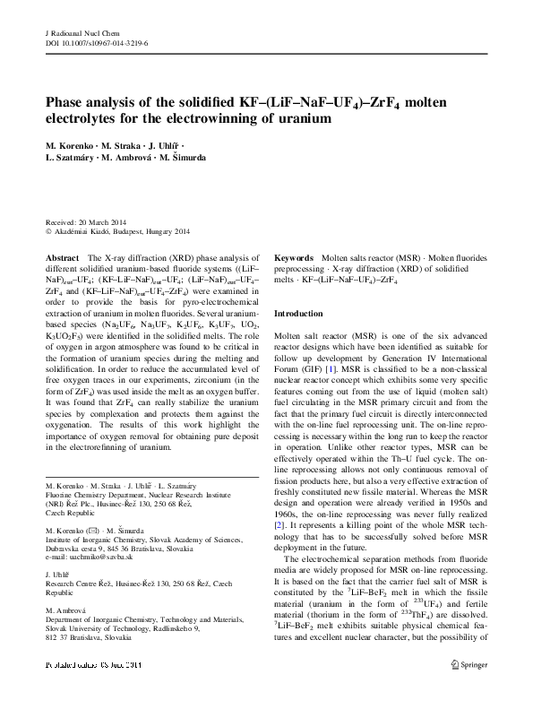 (PDF) Phase analysis of the solidified KF–(LiF–NaF–UF4)–ZrF4 molten ...