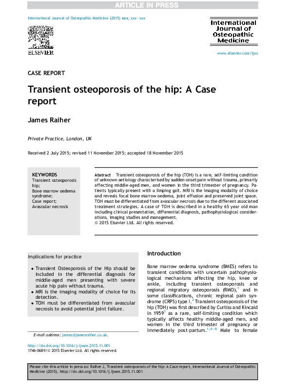 (PDF) Transient osteoporosis of hip- A case report | Sansar Sharma ...