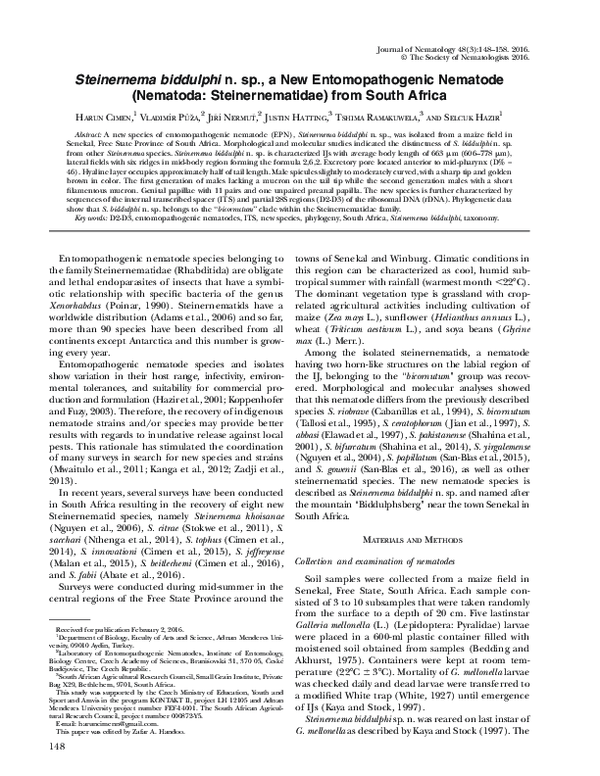 (PDF) Steinernema biddulphi n. sp., a New Entomopathogenic Nematode (Nematoda: Steinernematidae ...