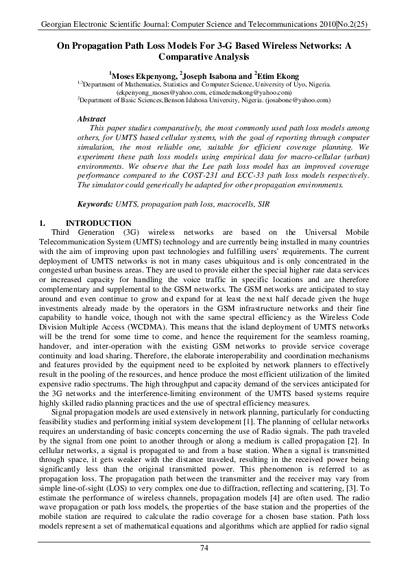 (PDF) On Propagation Path Loss Models For 3-G Based Wireless Networks: A Comparative Analysis