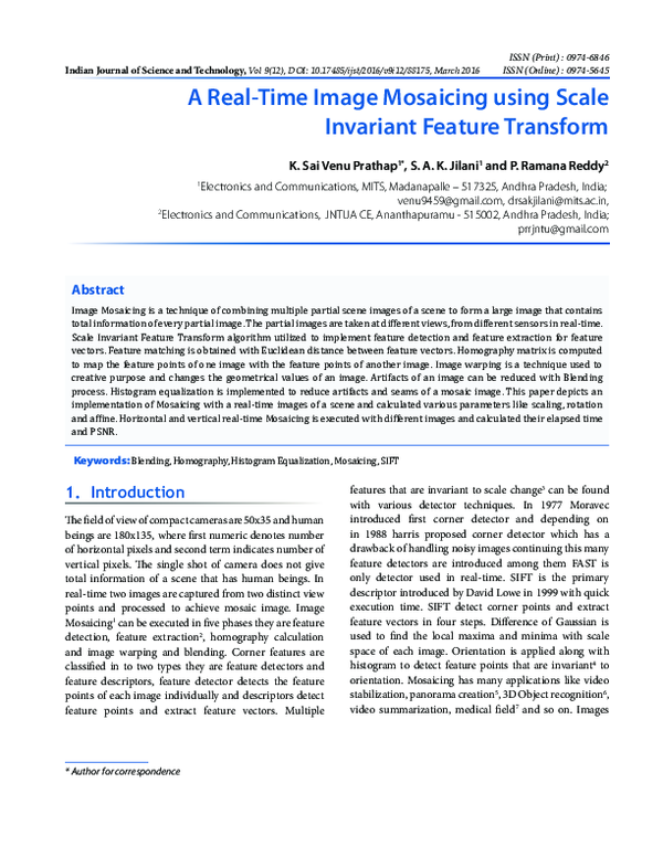 (PDF) A Real-Time Image Mosaicing using Scale Invariant Feature Transform