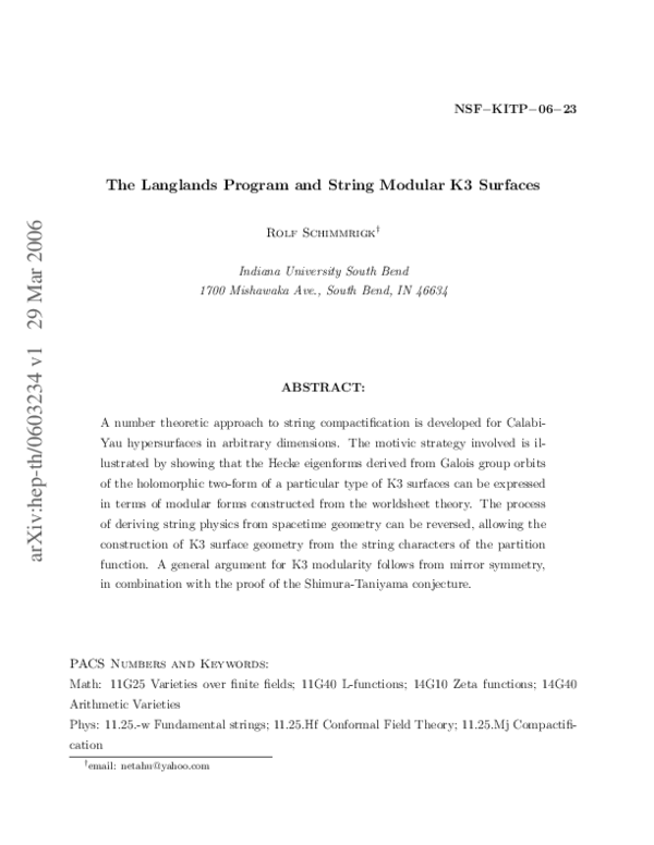 (PDF) The Langlands program and string modular K3 surfaces