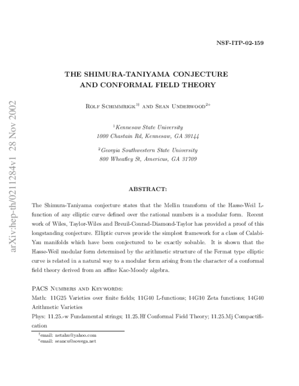 (PDF) The Shimura–Taniyama conjecture and conformal field theory